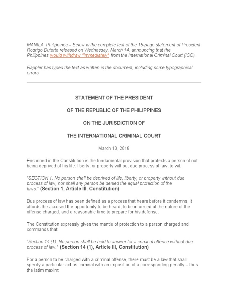 Duterte ICC Withdrawal Statement | PDF | International Criminal Court ...