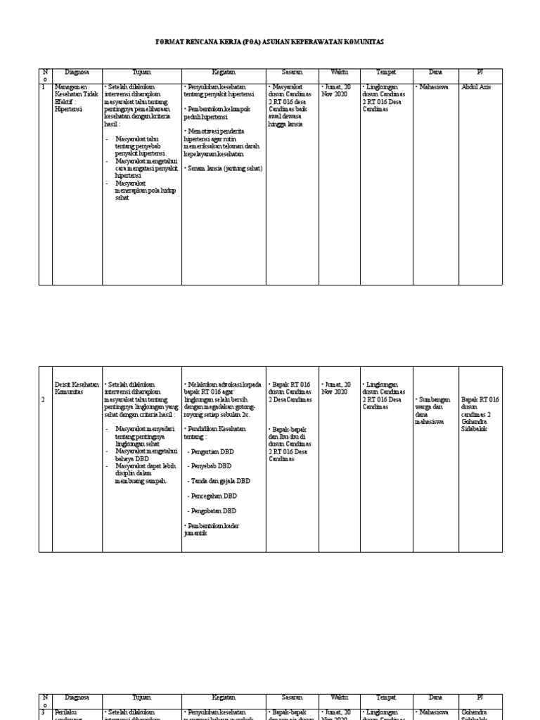 Format Rencana Kerja (Poa) Asuhan Keperawatan Komunitas | PDF