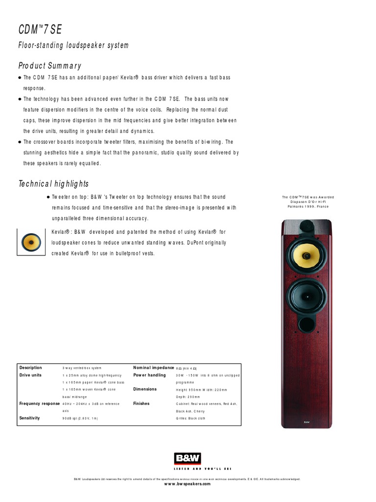 CDM 7se: F L o o R-Standing Loudspeaker System Product Summary | PDF ...