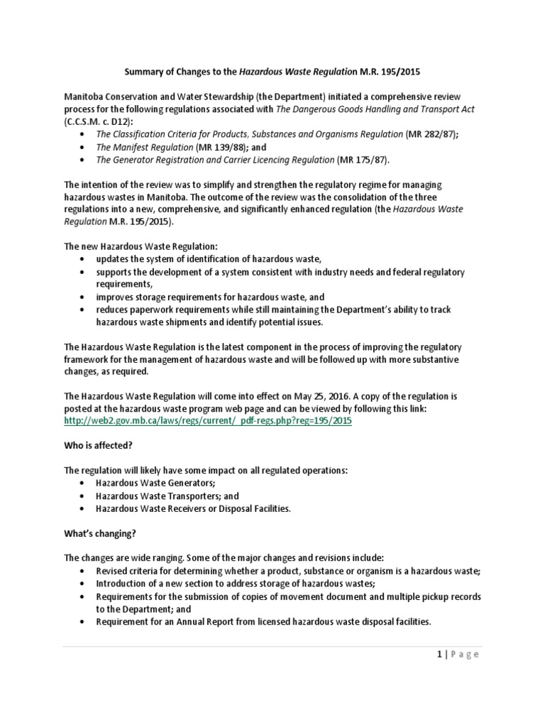 Manitoba Hazardous Waste Regulation Update | PDF | Hazardous Waste ...