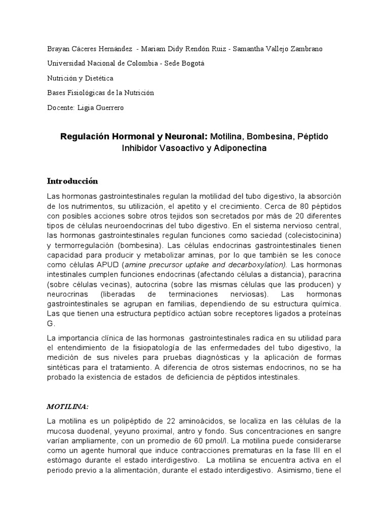 Regulación Hormonal: Motilina y Bombesina | PDF | Estómago | Sistema ...