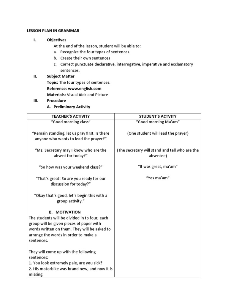 Lesson Plan in Grammar I. Objectives | PDF | Question | Sentence ...