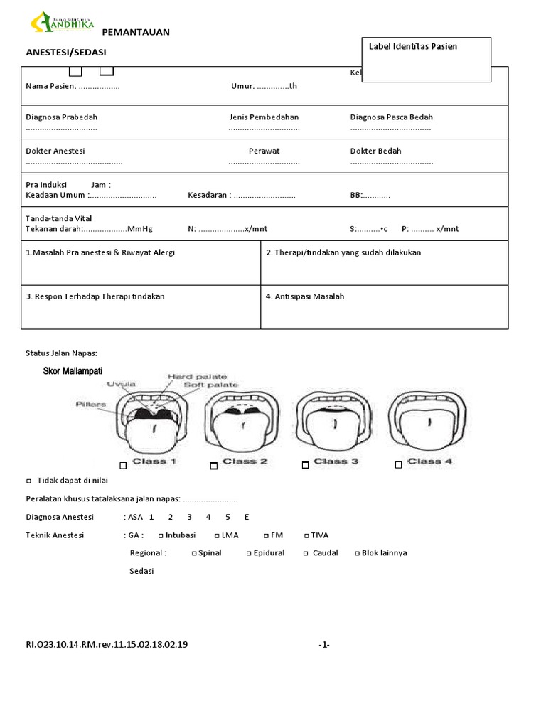 Form Pemantauan Anestesi Dan Form Catatan Pasca Anestesi | PDF