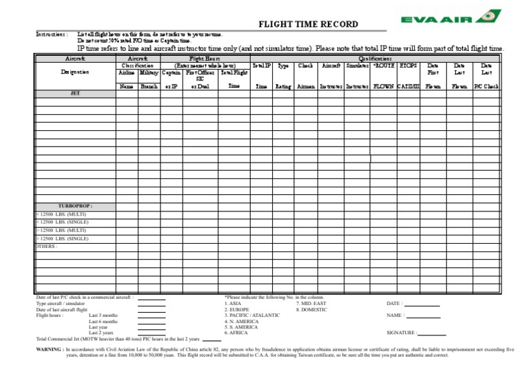 Evaair Pilot Flight Time Record Form en - tcm35 1524 | PDF | Flight ...