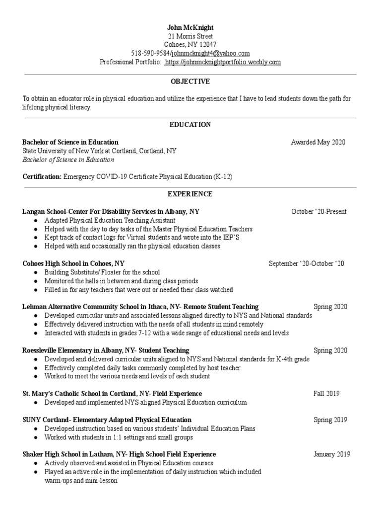 Final Pe Resume | Download Free PDF | Physical Education | Teachers