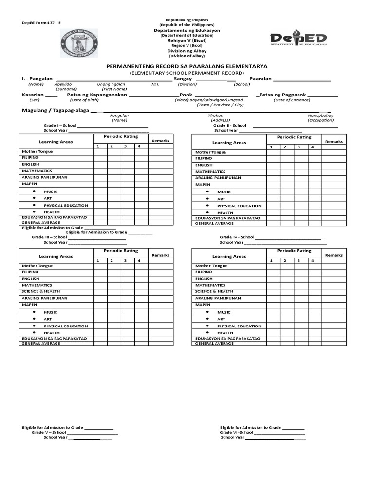 Permanenteng Record Sa Paaralang Elementarya: (Elementary School ...