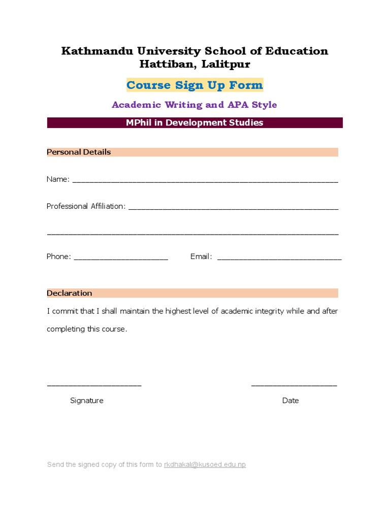 Course Sign Up Form: Kathmandu University School of Education Hattiban ...