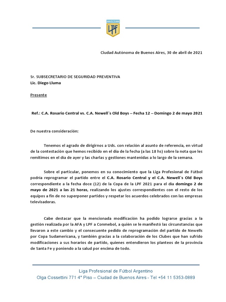 La Carta de La Liga Profesional de Fútbol | PDF