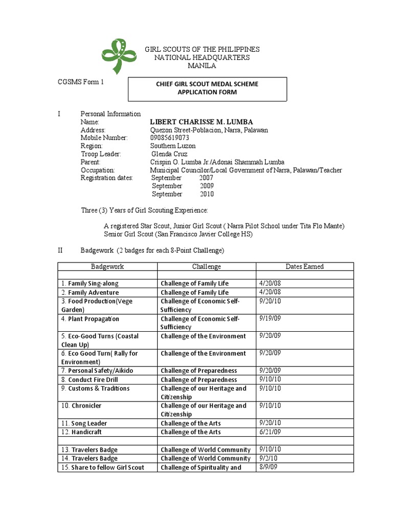 Chief Girl Scout Medal Scheme Application Form | PDF | Business
