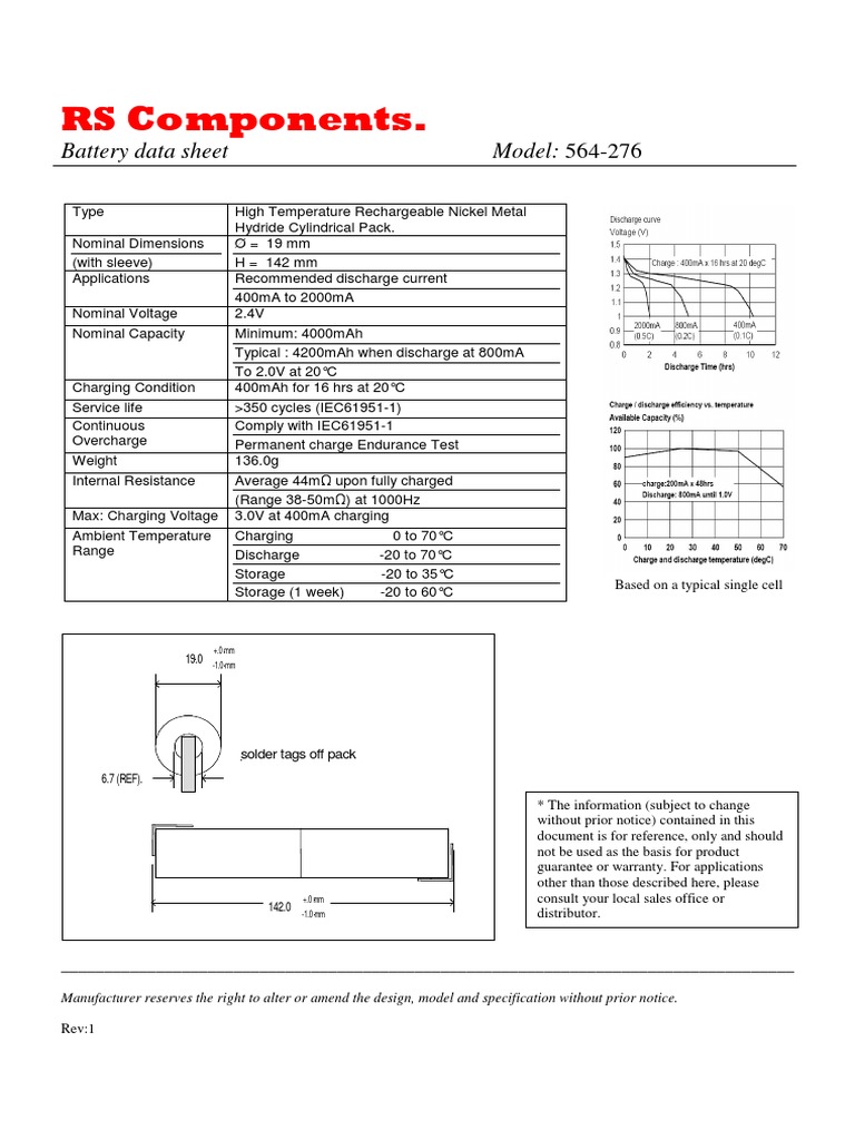Battery Data Sheet Model: 564-276 | PDF | Energy Storage | Electrical ...
