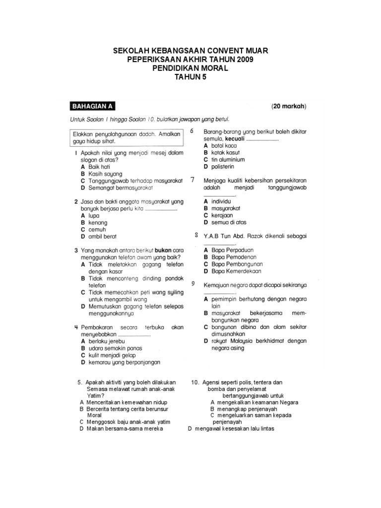 Soalan Moral Tahun 5 | PDF