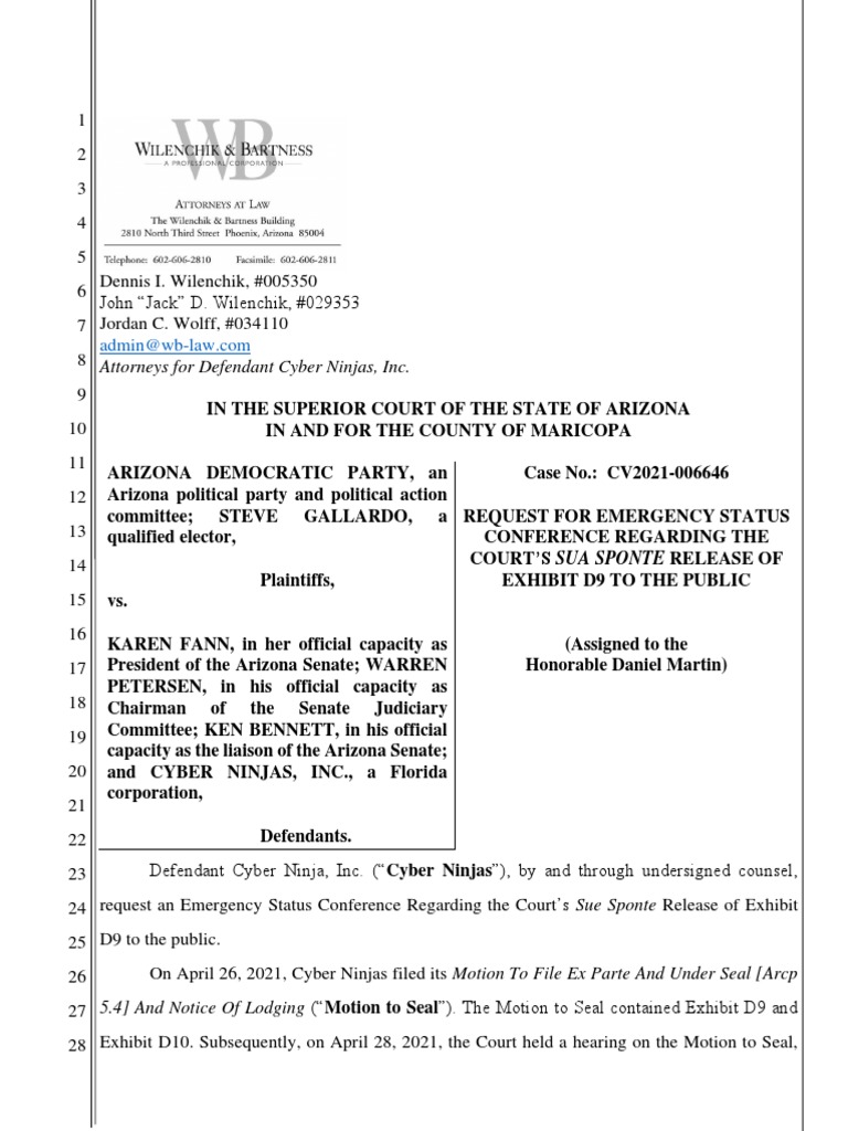 2021-04-30 Request For Emergency Status Conference Re The Court - S SUA ...