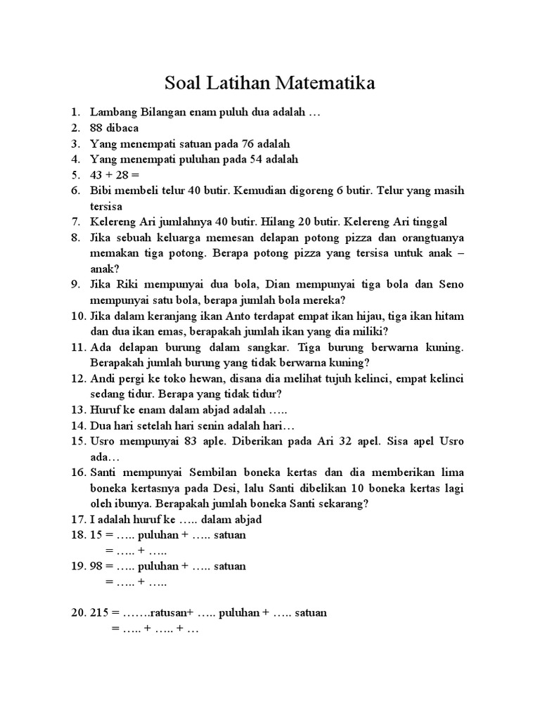 Soal Latihan Matematika Kelas 1 Pdf