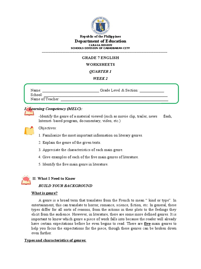 Department of Education: Grade 7 English Worksheets | PDF | Narrative ...