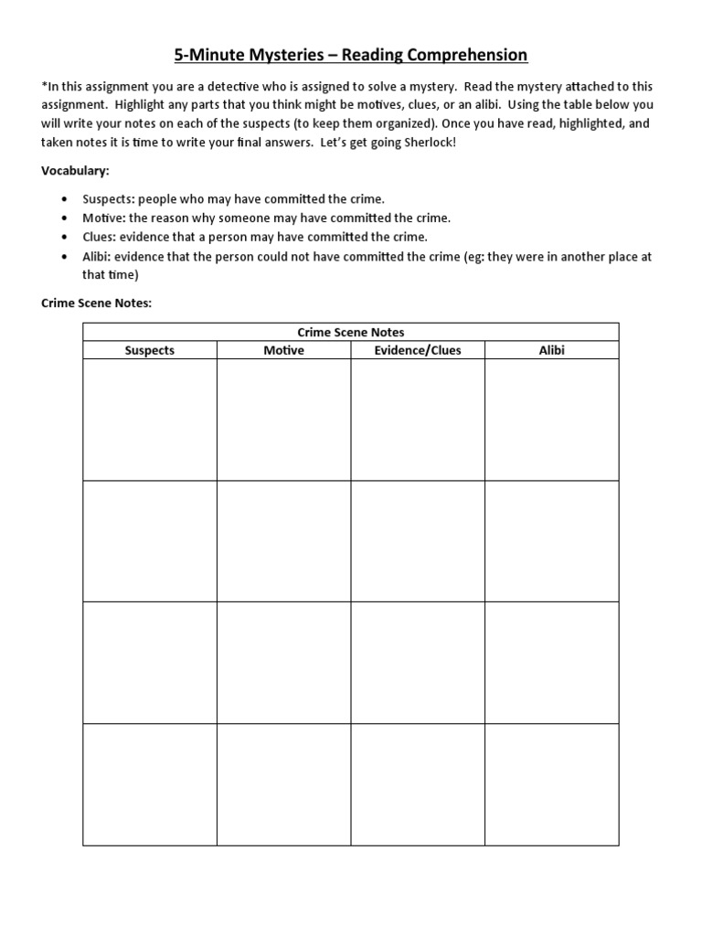 15.01.19 Reading Comprehension 5 Minute Mysteries Assignment 2l0pa98 ...
