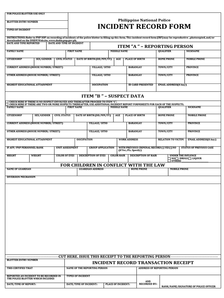Incident Record Form: Item "A " - Reporting Person | Download Free PDF ...
