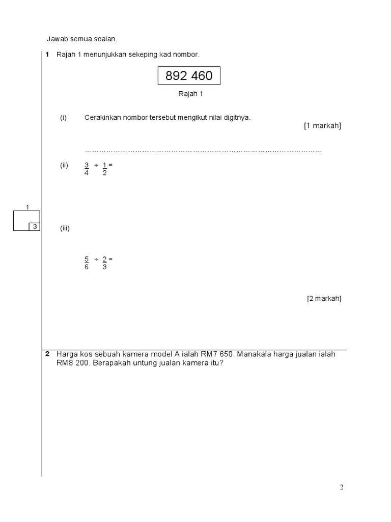 Soalan Matematik Kertas 2 Tahun 6 2021 | PDF