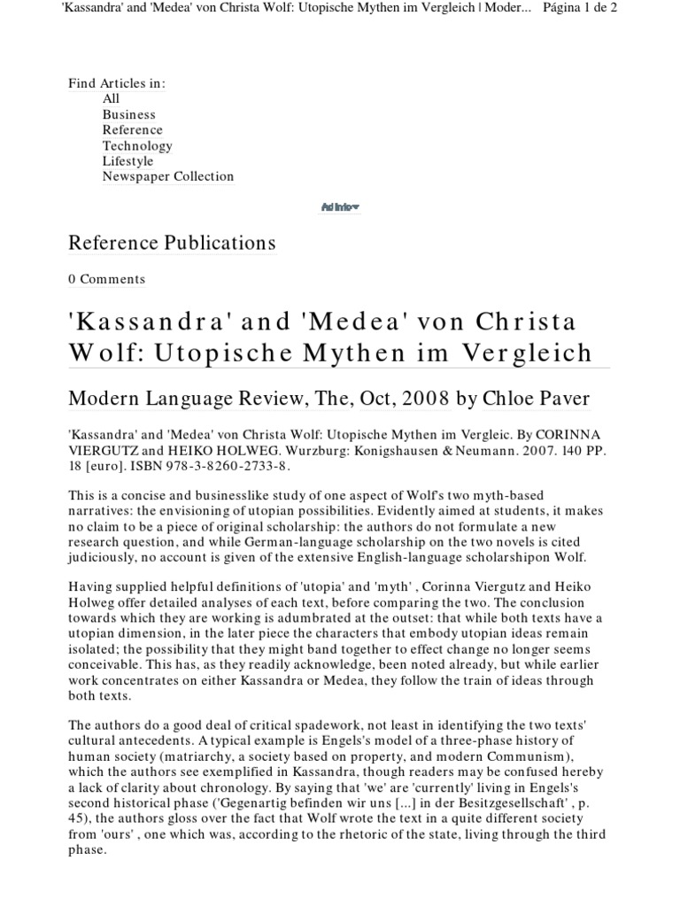 Kassandra and Medea Von Christa Wolf | PDF | Utopia