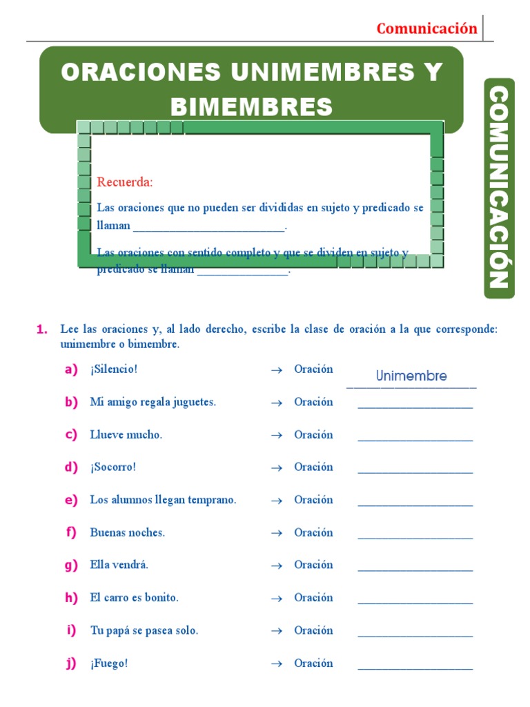 Oraciones Unimembres y Bimembres para Segundo Grado de Primaria | PDF ...