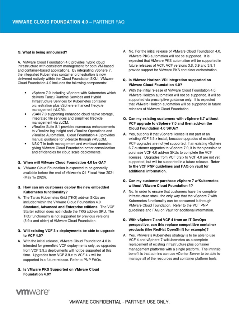 VMware Cloud Foundation 4 FAQ - Partner EN | PDF | Cloud Computing | V Mware