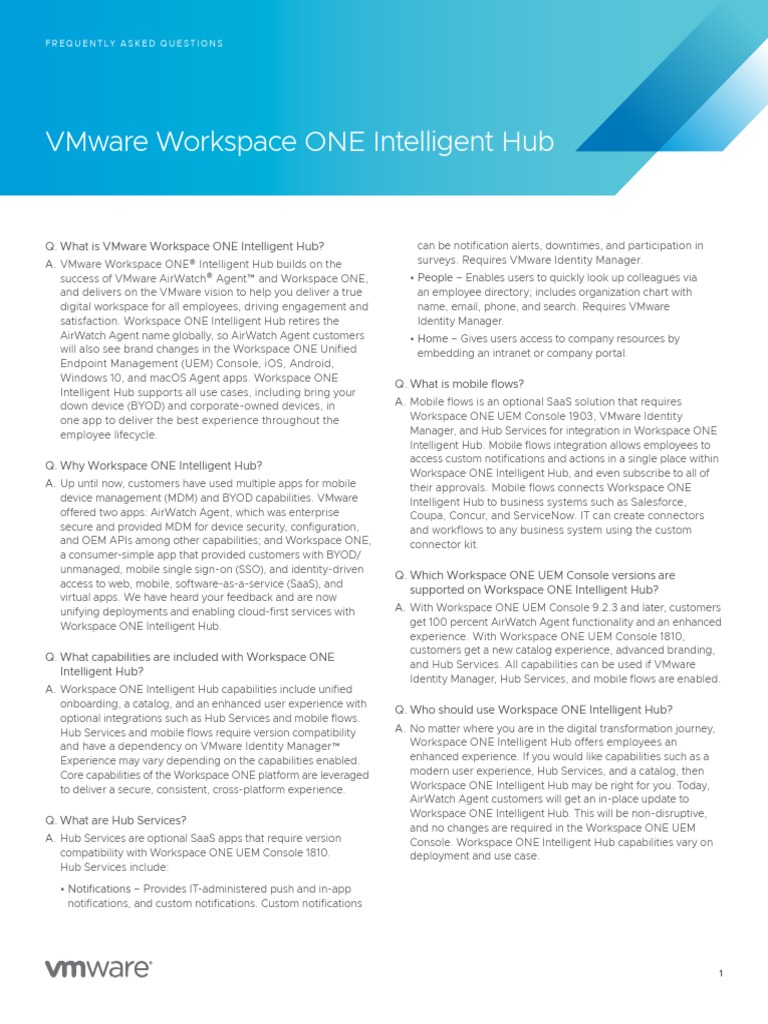 Vmware Workspace One Intelligent Hub: Frequently Asked Questions | PDF ...