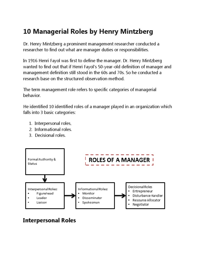 Mintzberg's 10 Managerial Roles Explained | PDF | Interpersonal ...