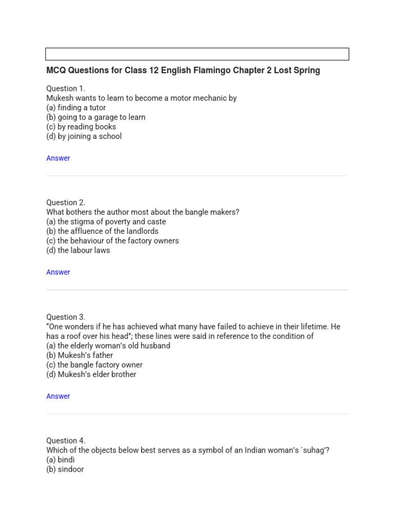 MCQ Questions For Class 12 English Flamingo Chapter 2 Lost Spring | PDF