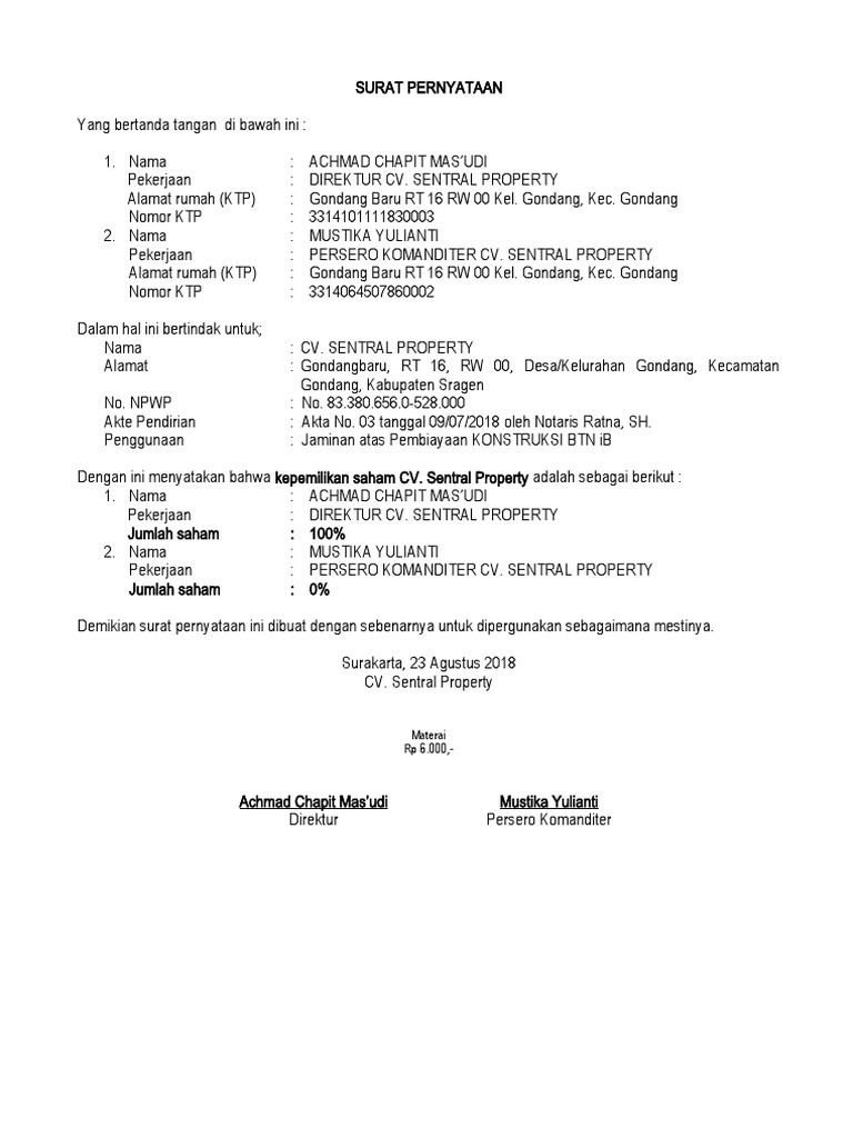 1.13 Surat Pernyataan Kepemilikan Saham | PDF