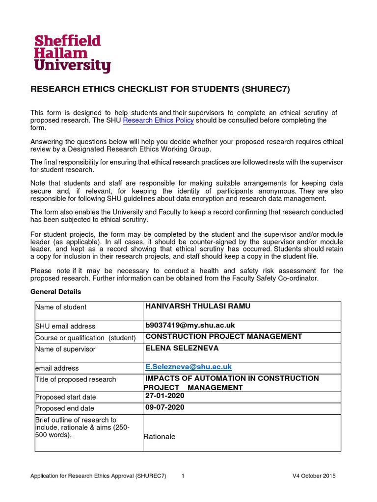 Research Ethics Checklist For Students (Shurec7) | PDF | Survey Methodology | Automation