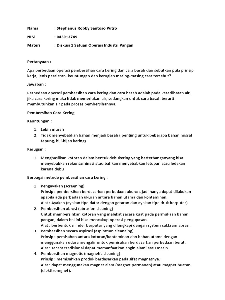 Diskusi 1 Satuan Operasi Industri Pangan | PDF | Griya & Taman | Sains ...