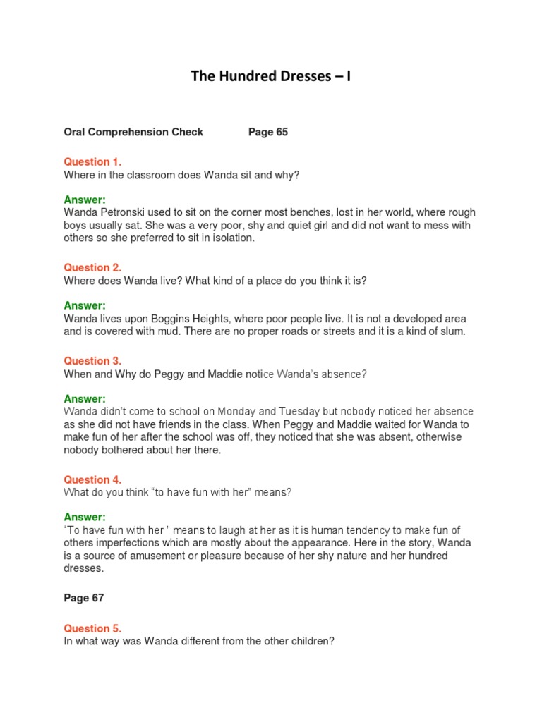 The Hundred Dresses - I: Oral Comprehension Check Page 65 | PDF