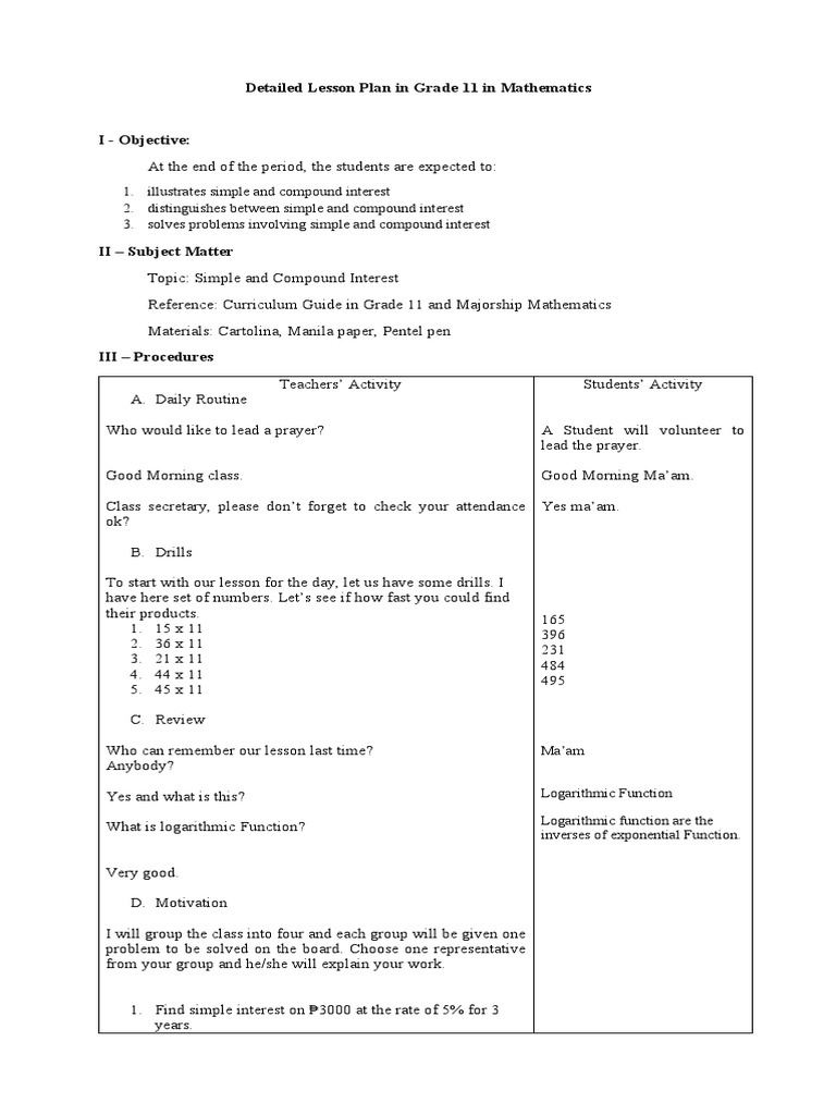 Detailed Lesson Plan in Grade 11 in Mathematics | PDF | Compound ...