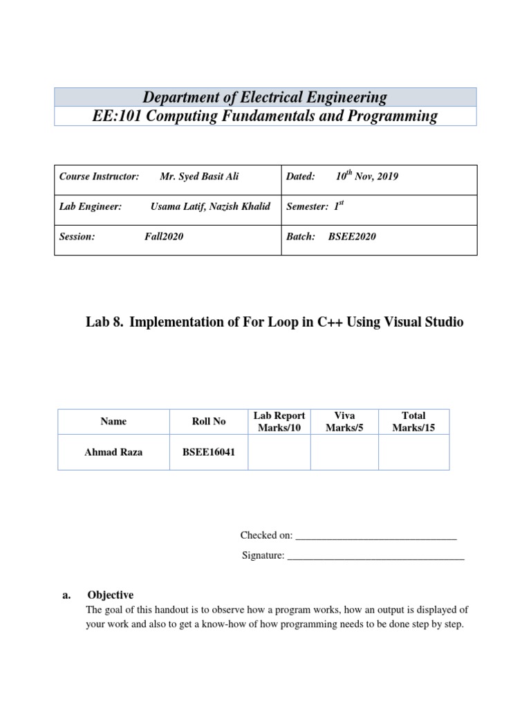 Department of Electrical Engineering EE:101 Computing Fundamentals and Programming | PDF ...