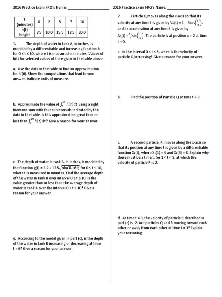 2016 AP Calculus FRQ Practice Exam | PDF | Ordinary Differential ...