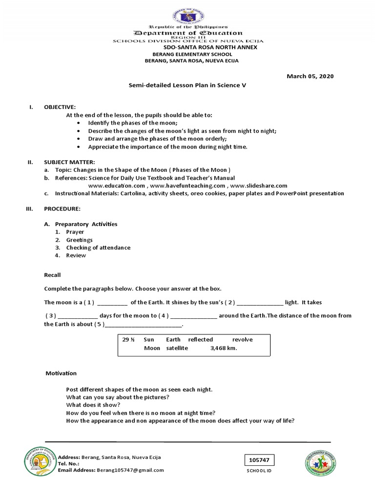 Grade 5 Semi-Detailed Moon Phases Plan | PDF | Moon | Lesson Plan