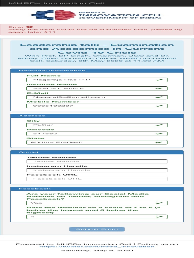 MHRD Innovation Cell - Registration Form | PDF