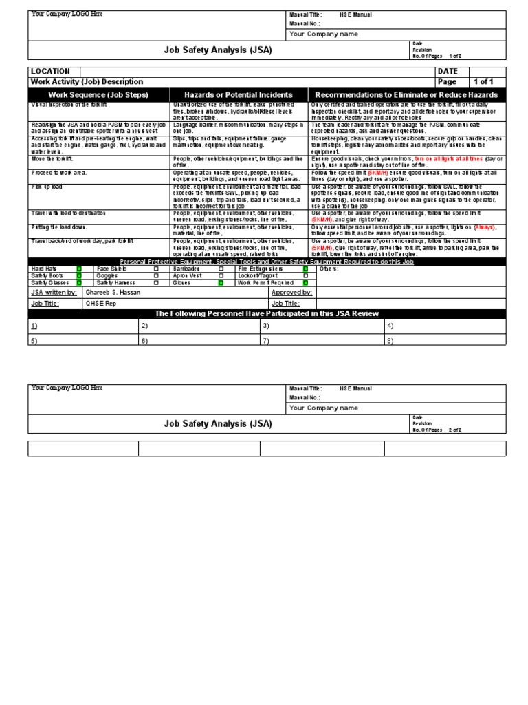 Job Safety Analysis Forklift Operations | PDF | Forklift | Transport