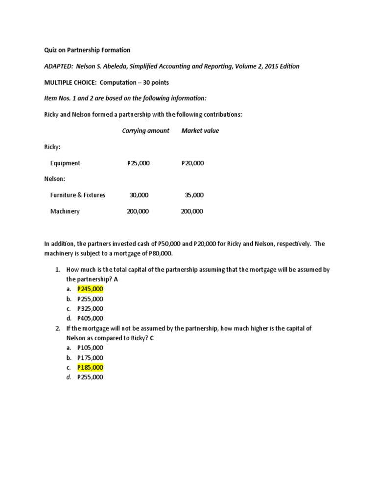 Partnership Formation Quiz Questions | PDF | Corporations | Financial ...