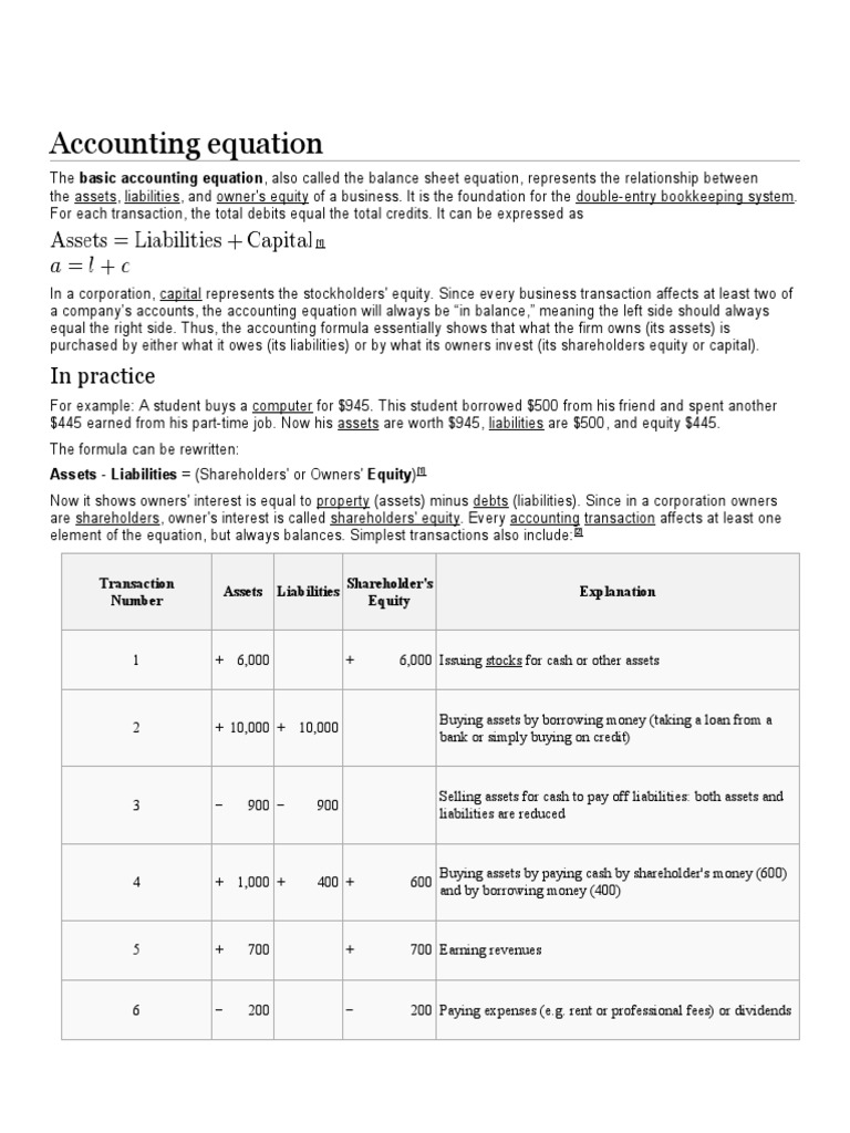 Accounting Equation The Basic Accounting | PDF | Debits And Credits | Equity (Finance)