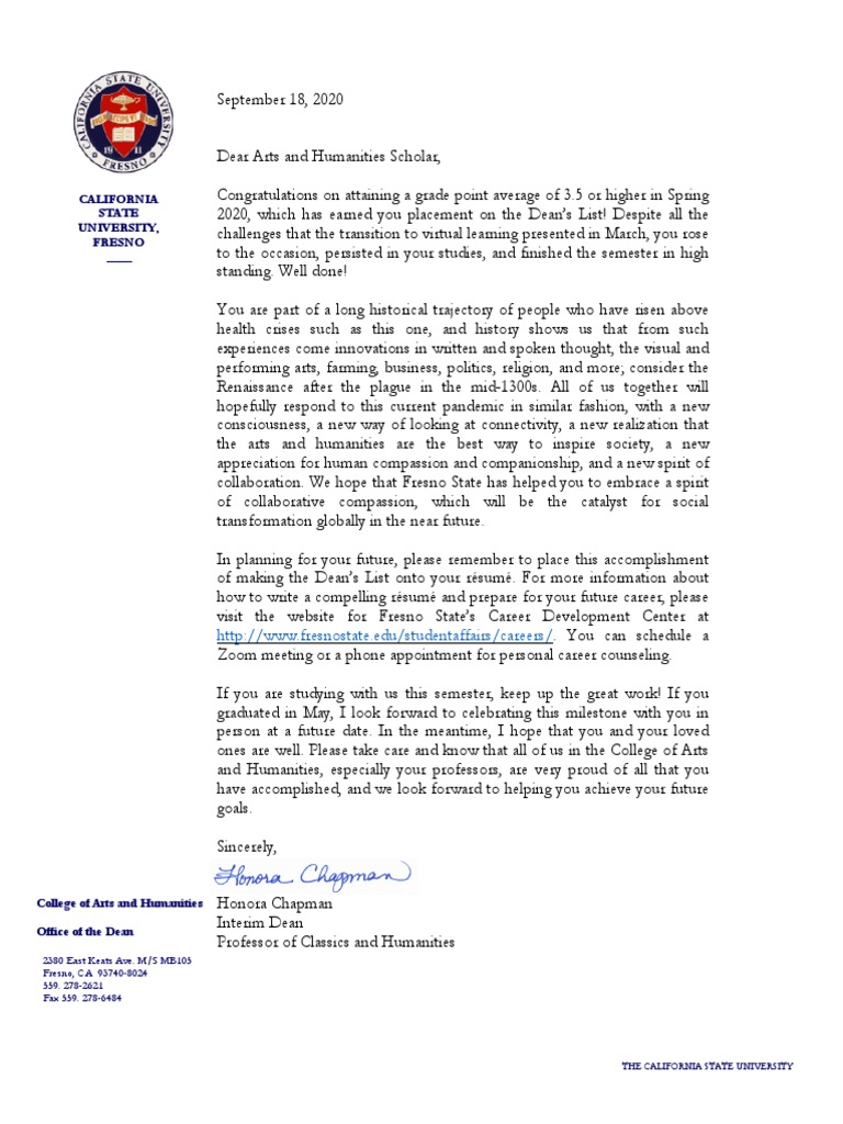 Letter Deans List spr20 9-20 | PDF | Humanities | Human Nature