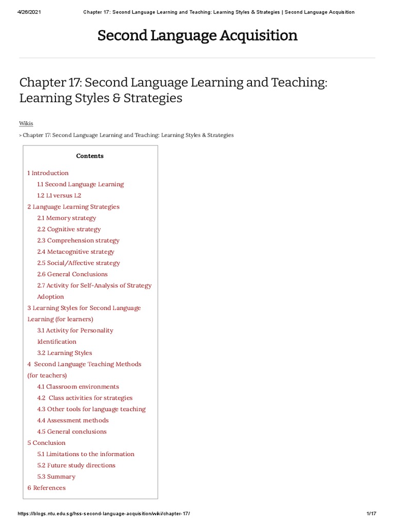 Chapter 17 - Second Language Learning and Teaching - Learning Styles & Strategies - Second ...