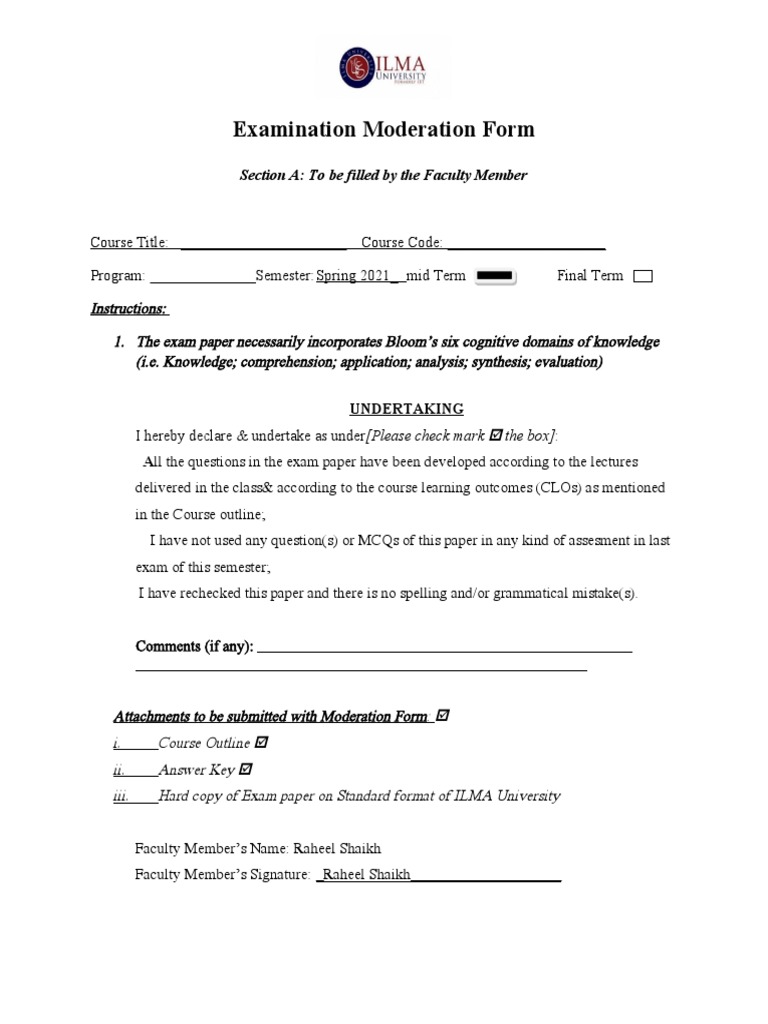 Examination Moderation Form: Section A: To Be Filled by The Faculty ...