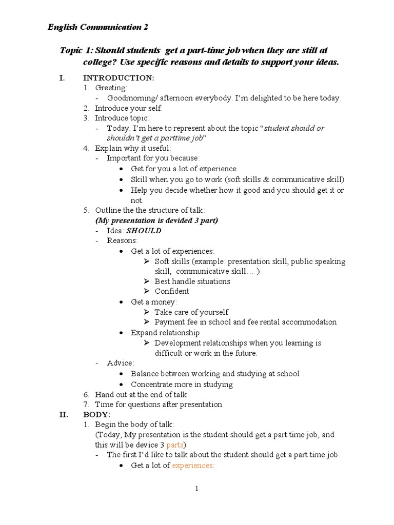 Topic 1 Should Students Get A Part Time Job When They Are Still At