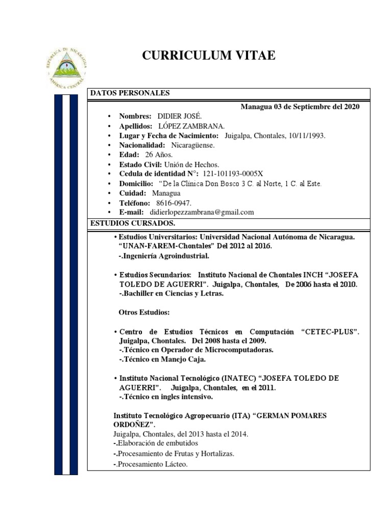 Curriculum Vitae Didier Lopez | PDF | Nicaragua | Plan de estudios