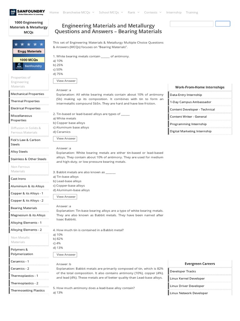 Bearing Materials - Engineering Materials & Metallurgy Questions and ...