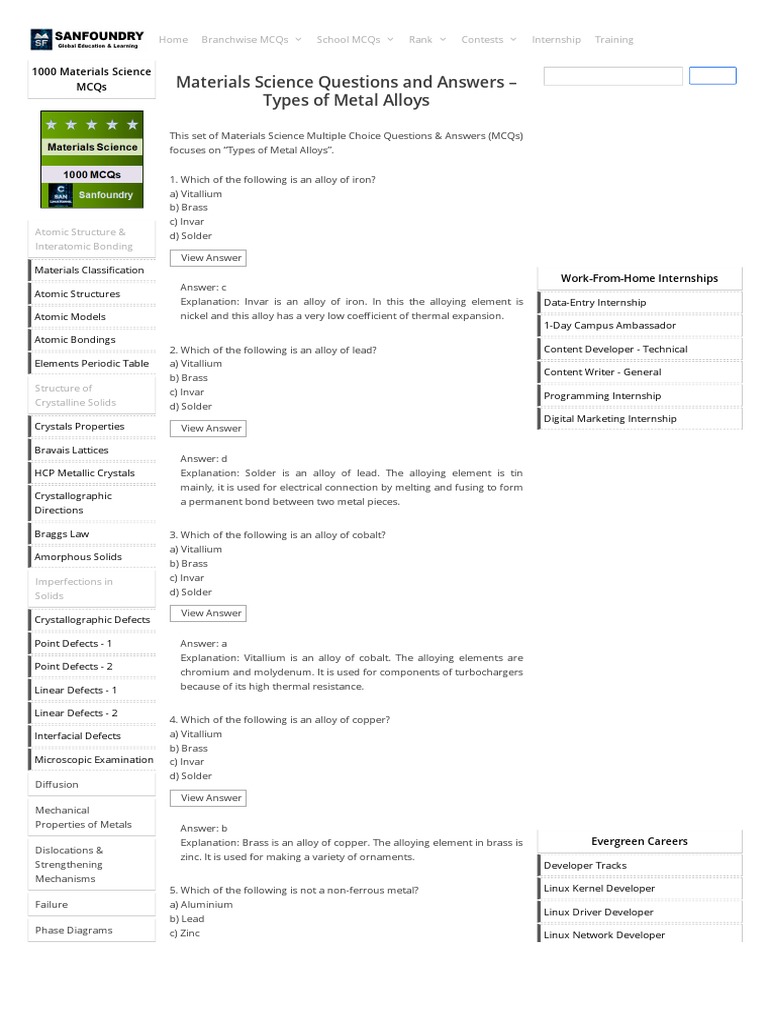 Metal Alloys Types - Materials Science Questions and Answers ...