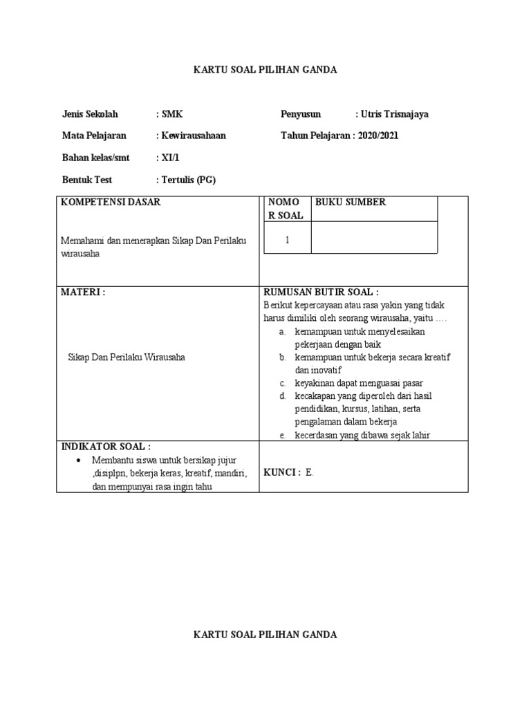 KARTU SOAL PILIHAN GANDA Dan ESSAY | PDF