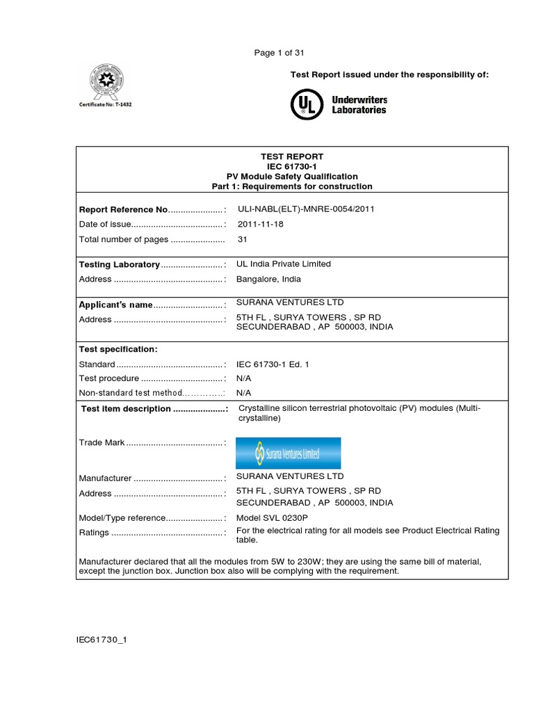 IEC 61730-1 PV Module Test Report | PDF | Electrical Wiring ...