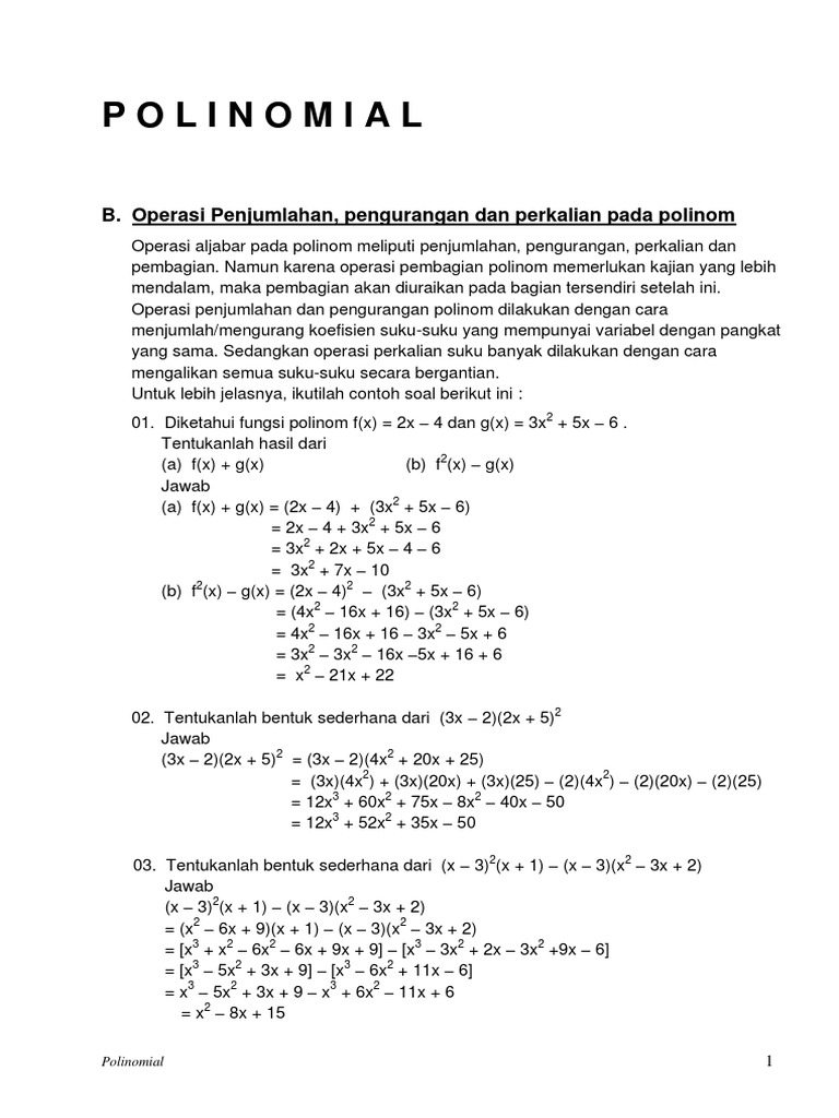 02-Operasi Penjumlahan, Pengurangan Dan Perkalian Pada Polinomial | PDF