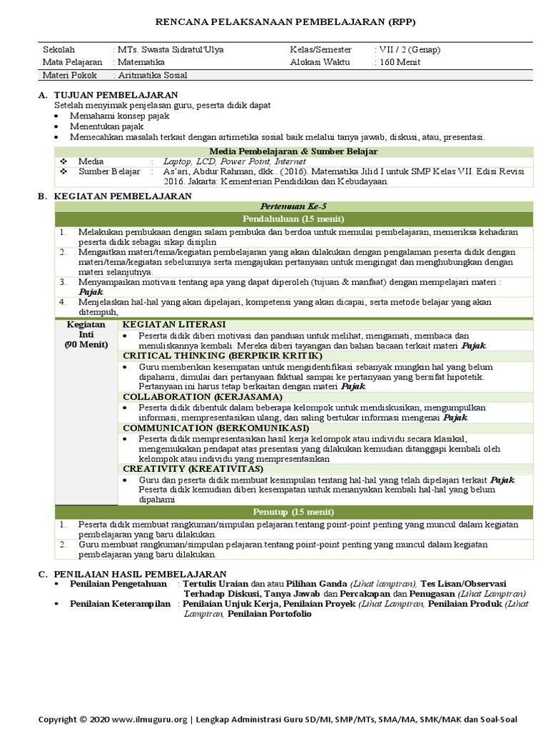 12.6.5 RPP II MTK Kelas VII | PDF | Karier & Perkembangan